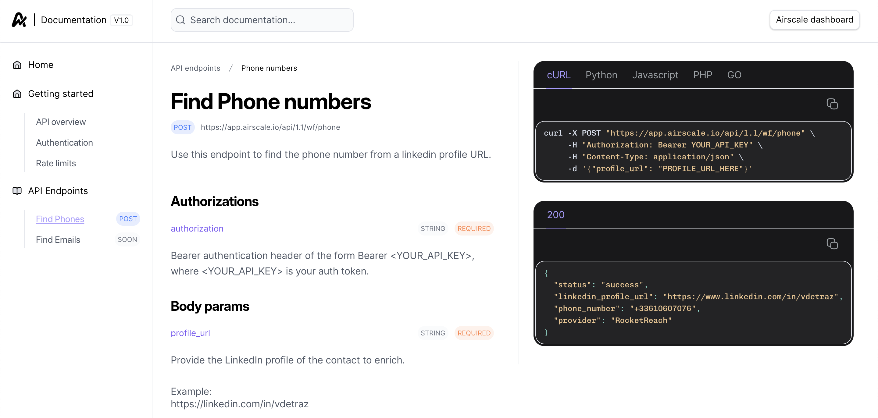 Airscale API documentation