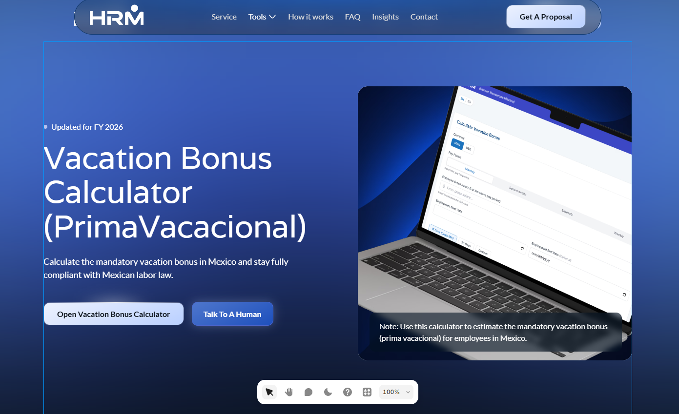2026 Mexico Vacation Bonus Calculator (Prima Vacacional)