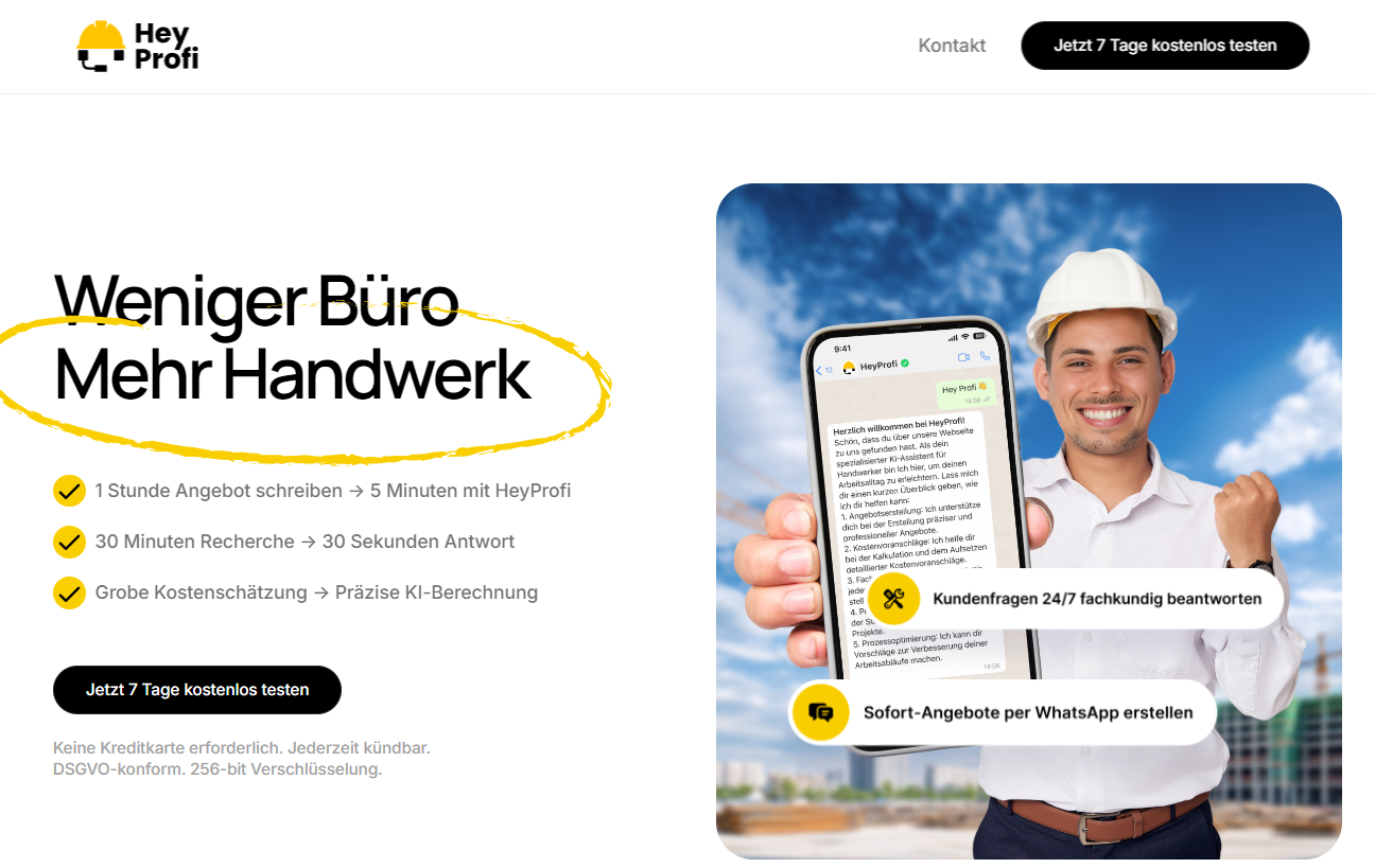 HeyProfi: KI-Assistent für Handwerker | Angebote & Planung via WhatsApp