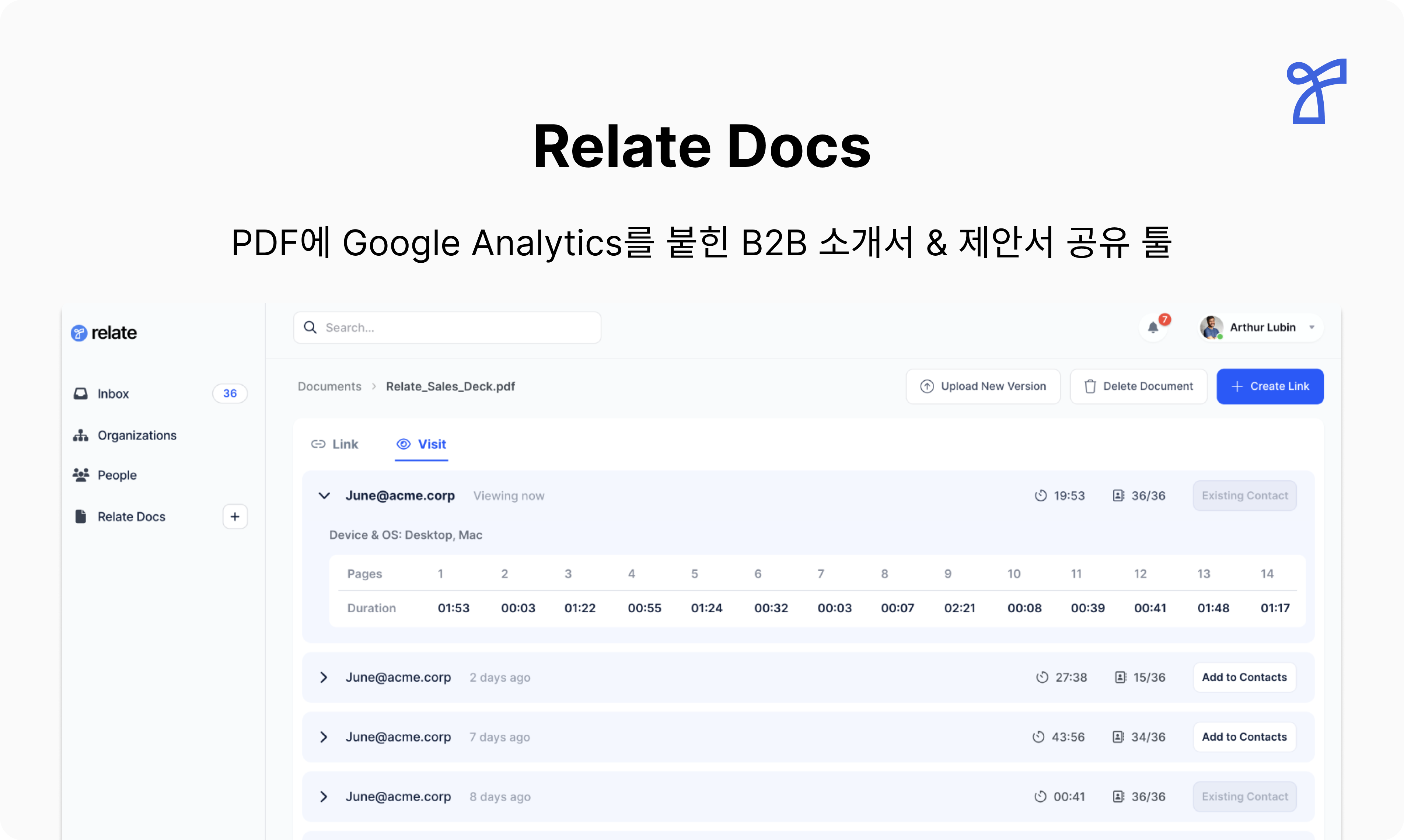 Relate Docs: 소개서와 제안서를 보내고 추적하는 B2B 문서 공유 소프트웨어 | Relate 풀스택 B2B 세일즈 플랫폼