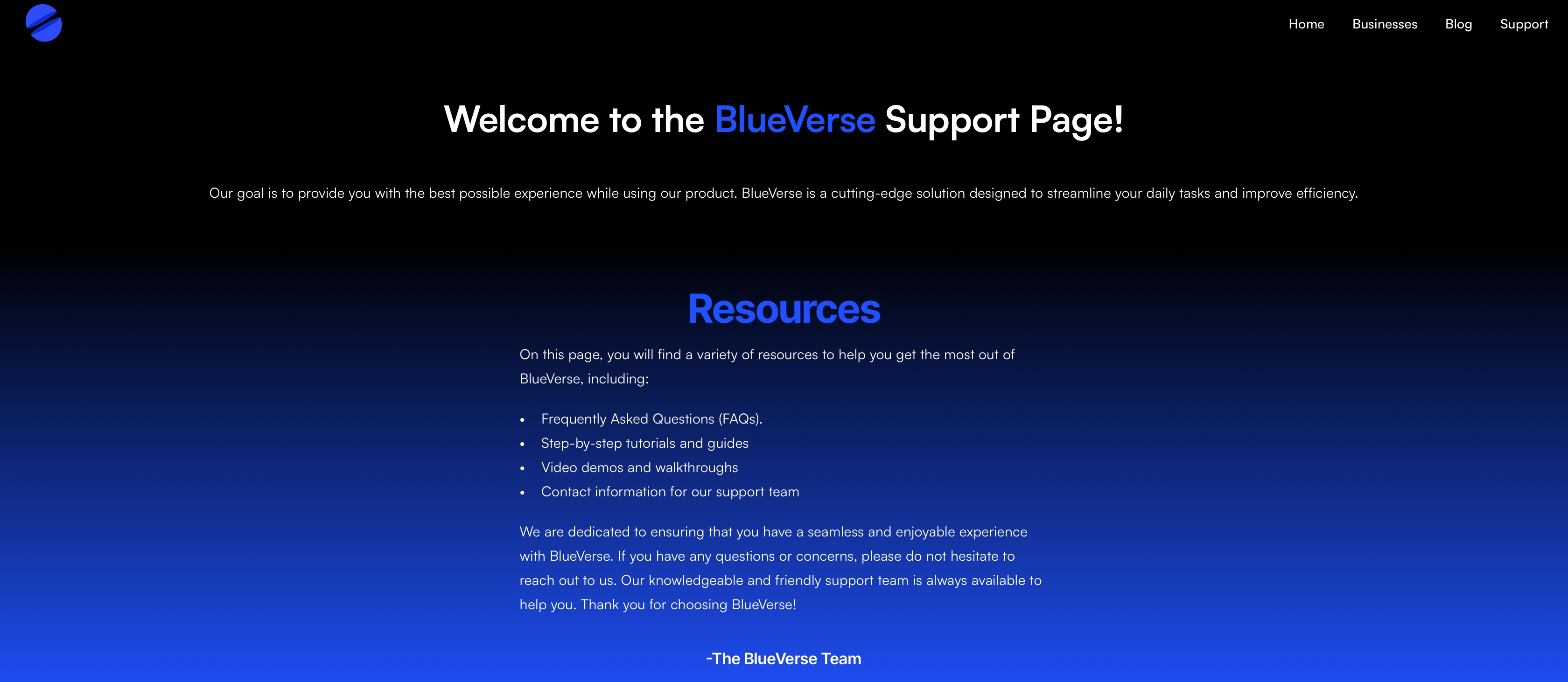 BlueVerse - Support Page