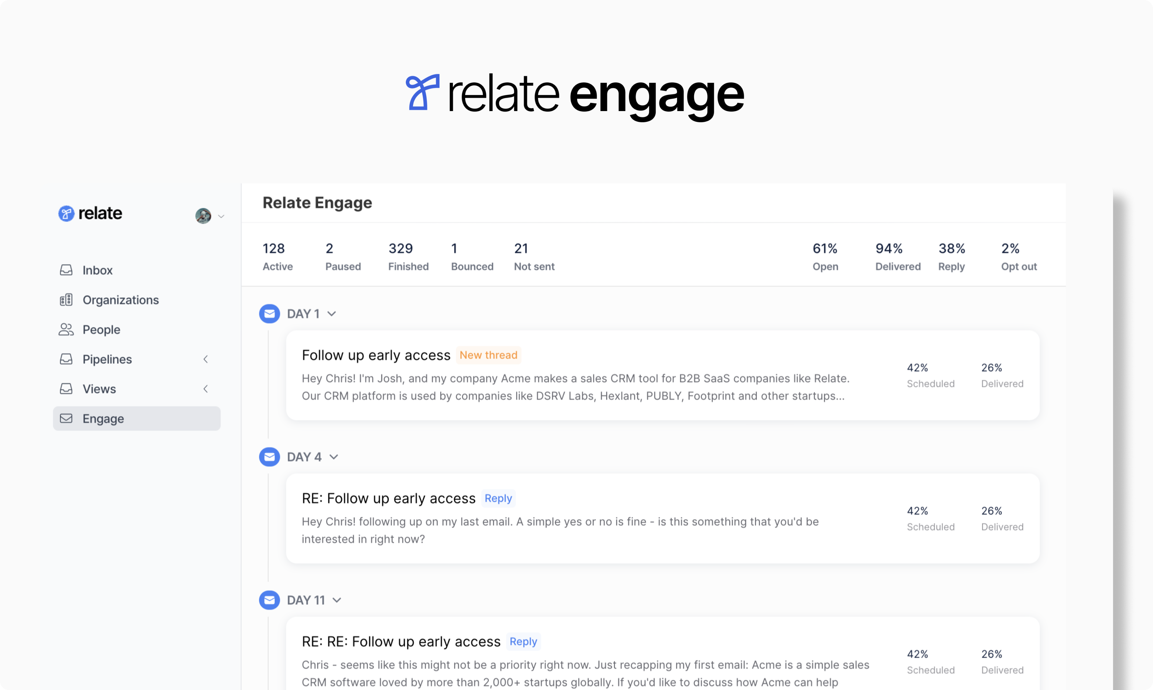 Relate Engage: 자동으로 콜드 이메일을 보내는 B2B 영업 마케팅 이메일 툴