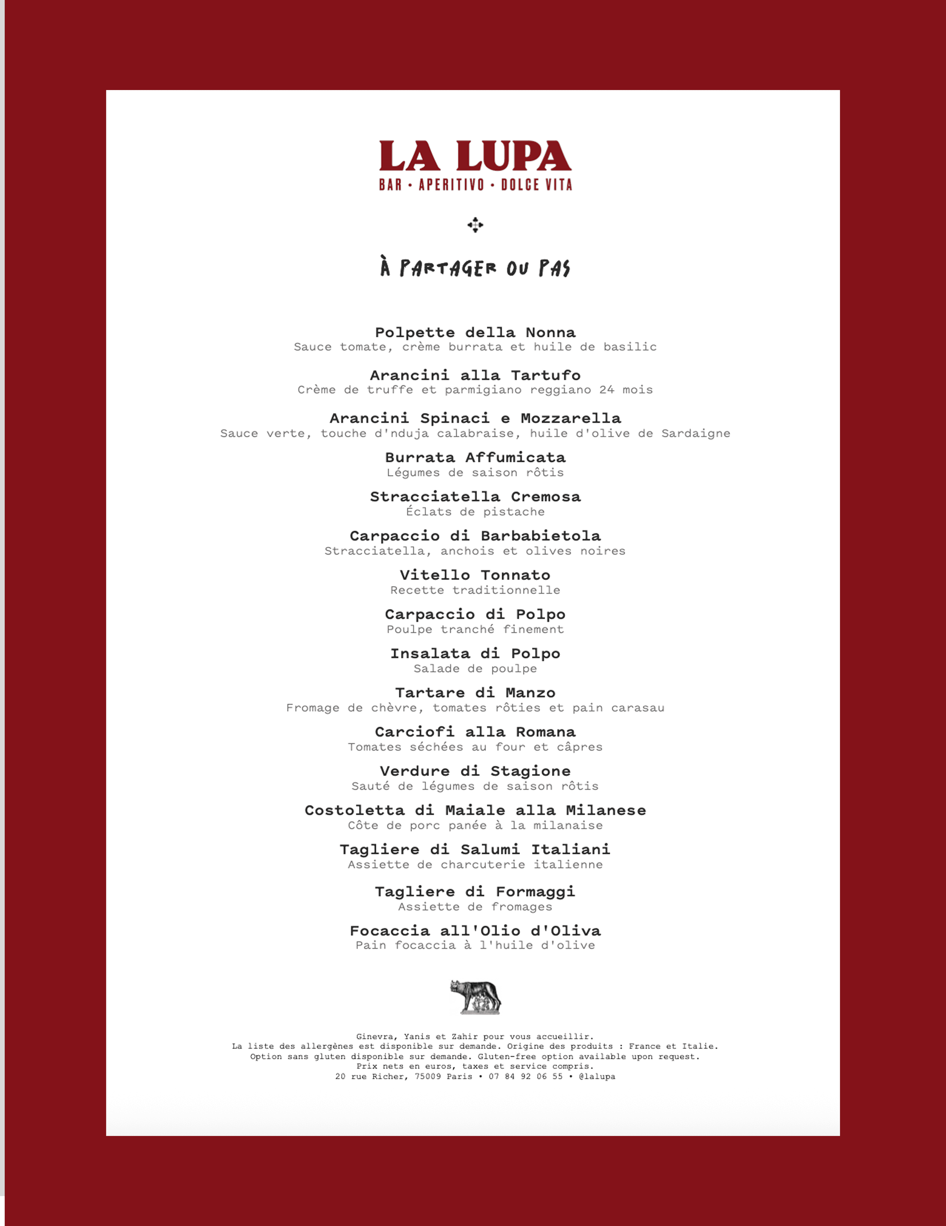 La Lupa – Restaurant italien & bar à vin à Paris 9