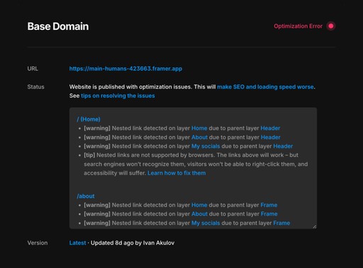 How to fix nested link warnings — Framer Help
