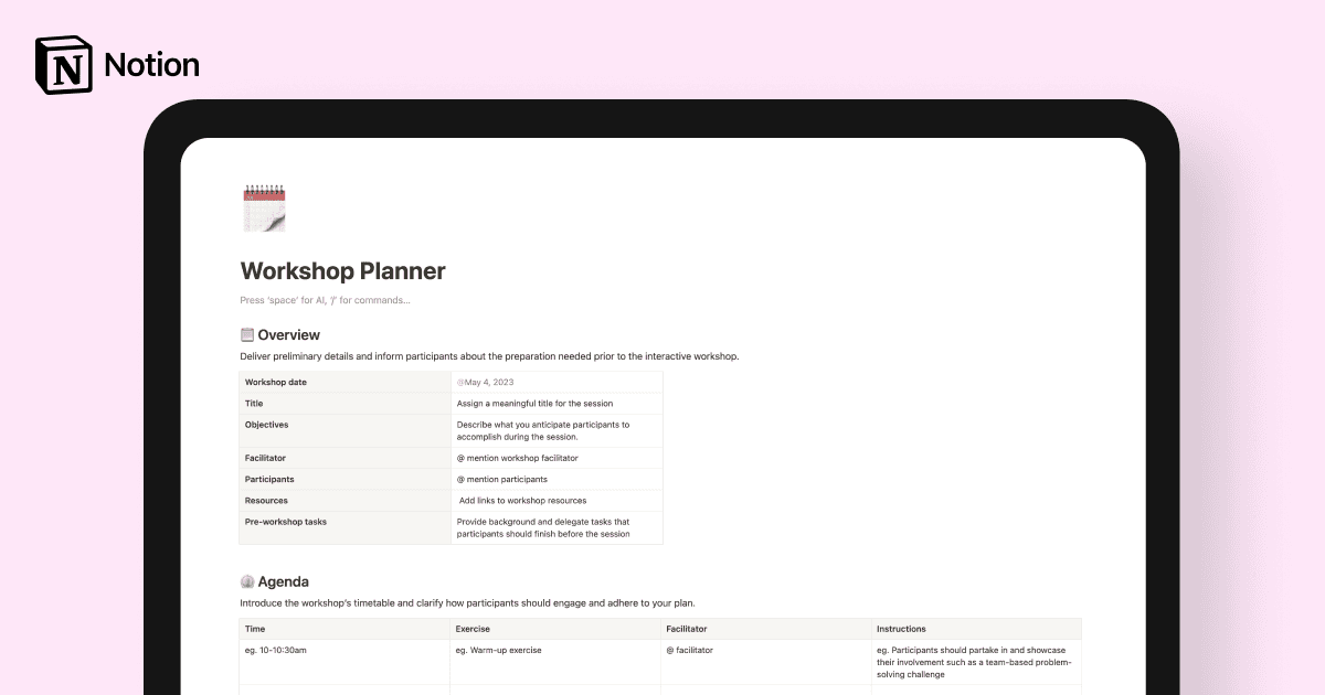 Workshop Planner Template – Notion Template for Startups & Product Managers