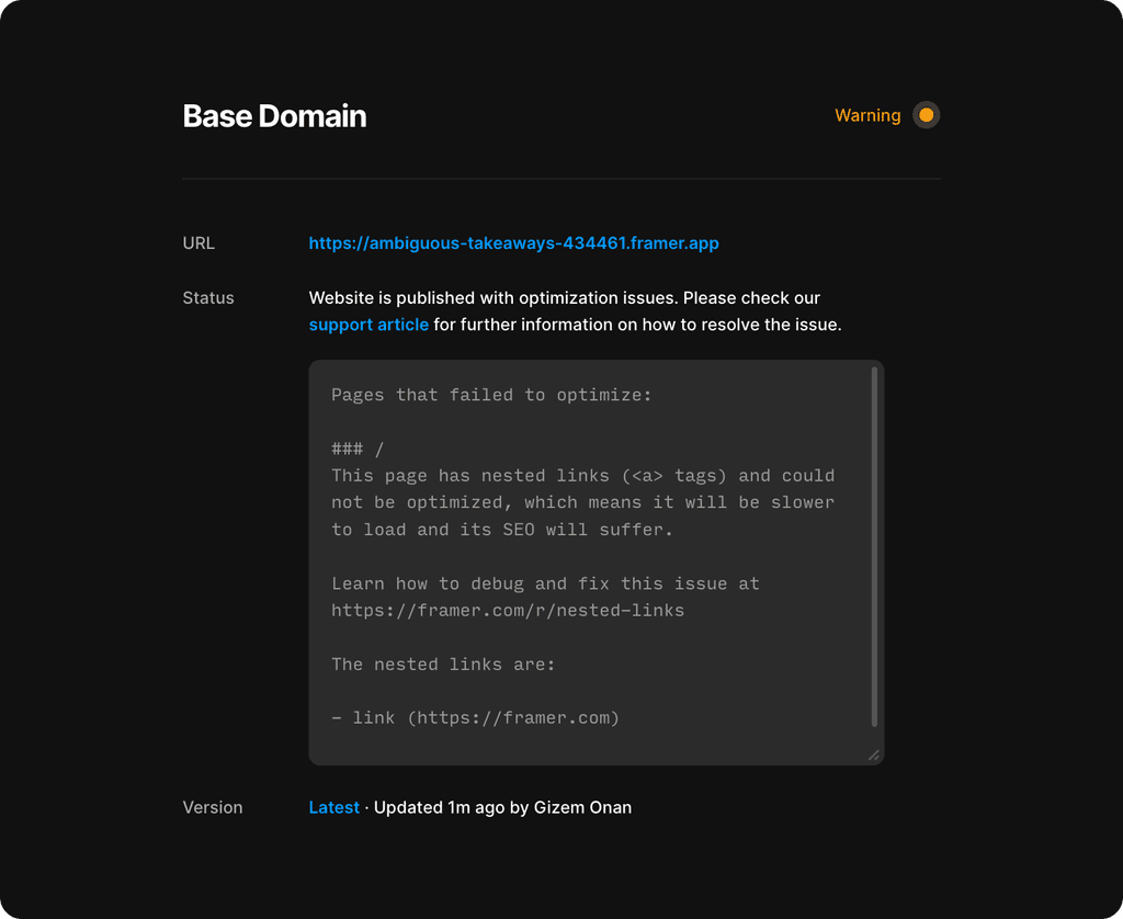 How to fix nested links optimization warning — Framer Help