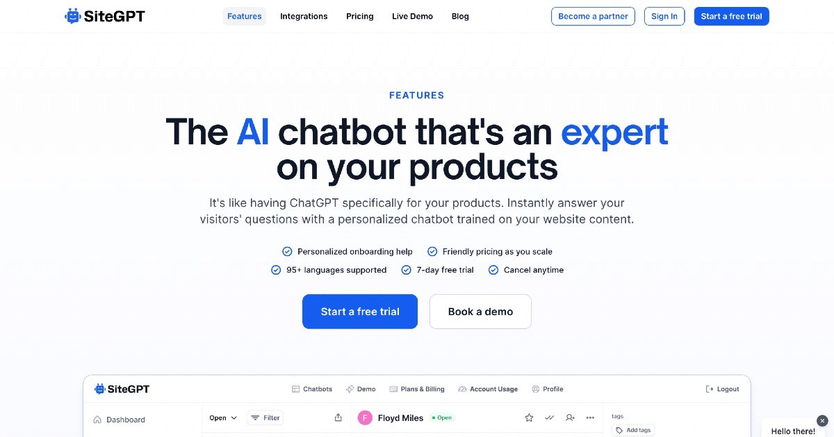 SaaS Landing Page Example: Hero with SiteGPT