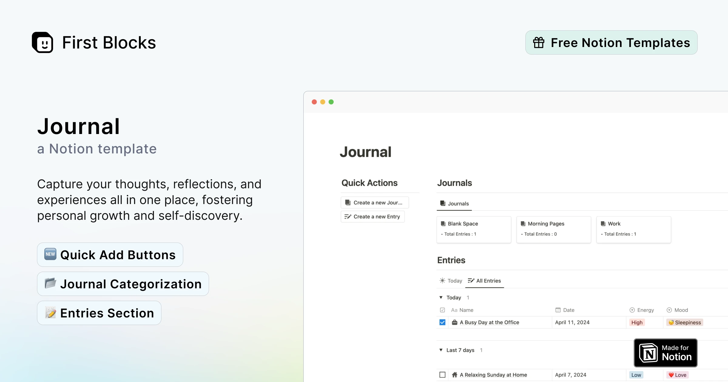Free Journal Notion Template - First Blocks