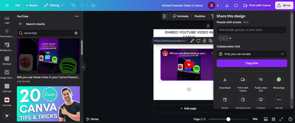 How to Embed a YouTube Video in Canva – Simple Guide - 1 minute video guide