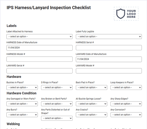 IPS Harness / Lanyard Inspection Checklist for Mobile, Tablet, Fillable PDF