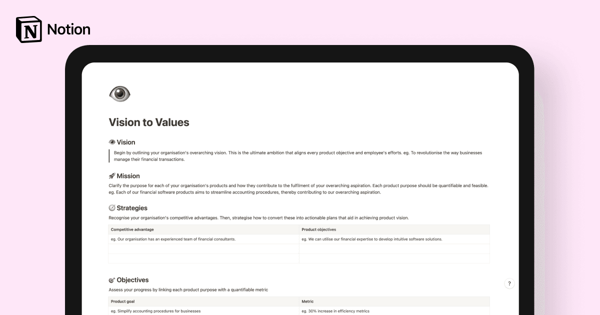 Vision to Values Template – Notion Template for Startups & Product Managers