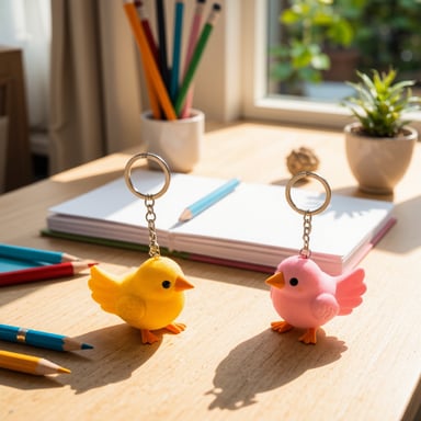 product photography of Two bird-shaped keychains