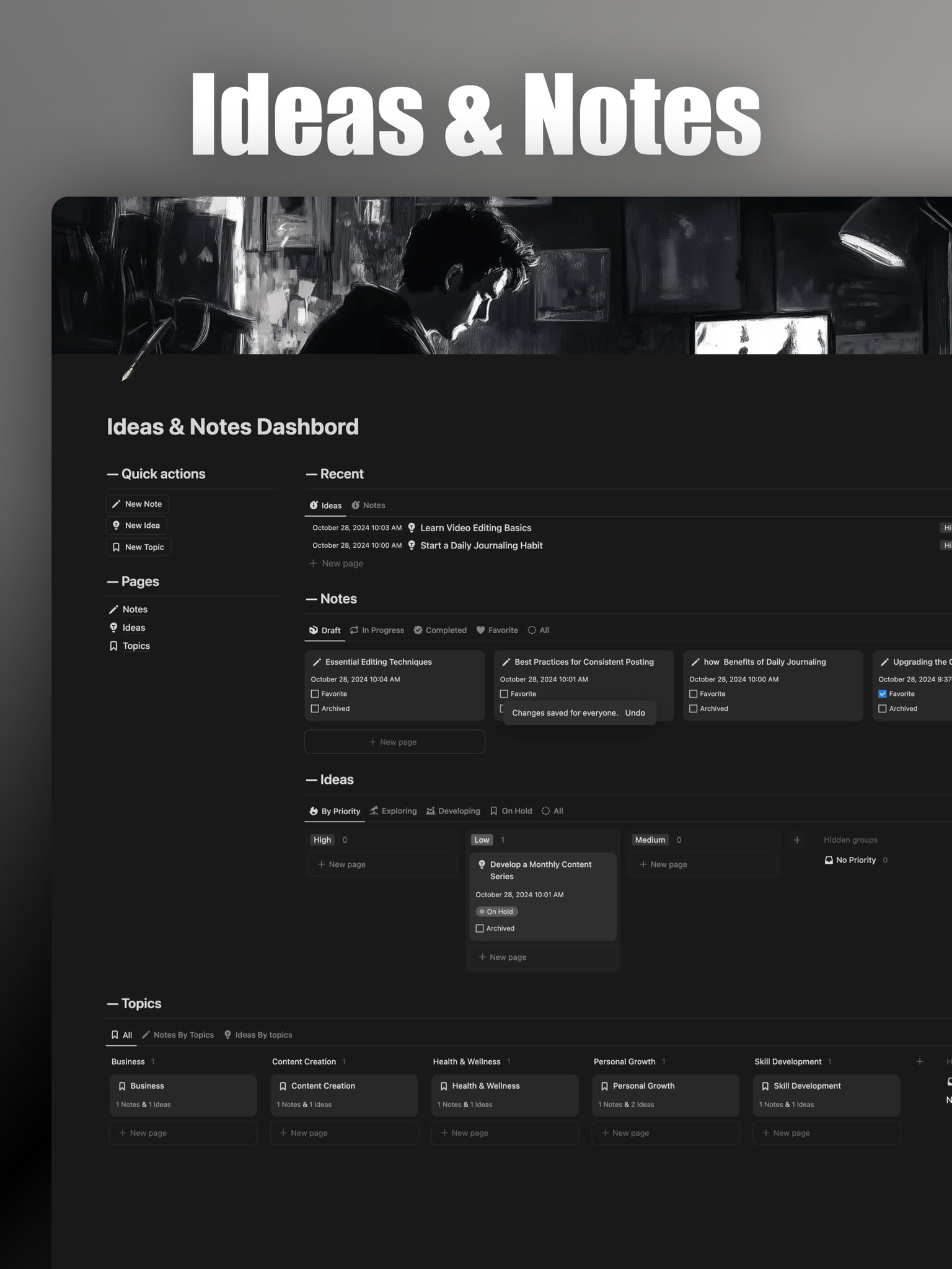 Ideas & Notes Dashboard Planner