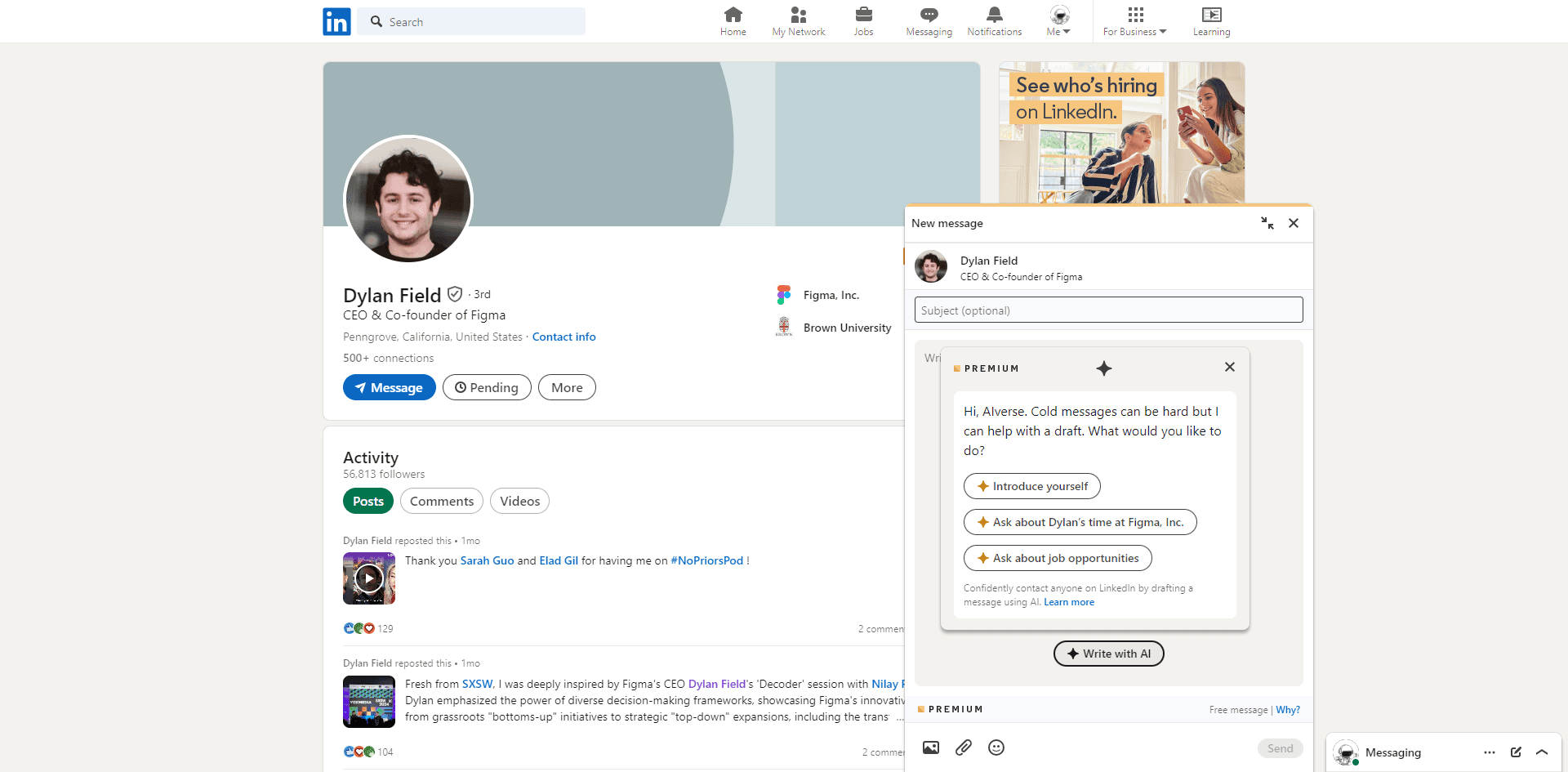 LinkedIn's drafting a message - Assistive AI-UX Interaction | #1 library of AI-UX interactions | All
