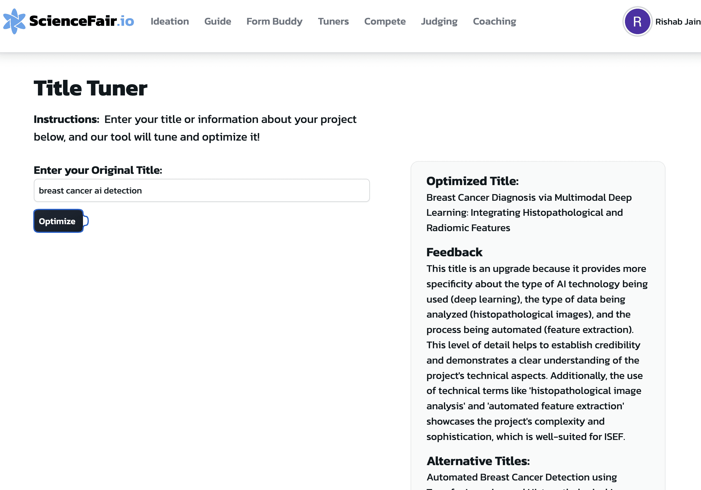 ScienceFair.io: AI Project Tuner