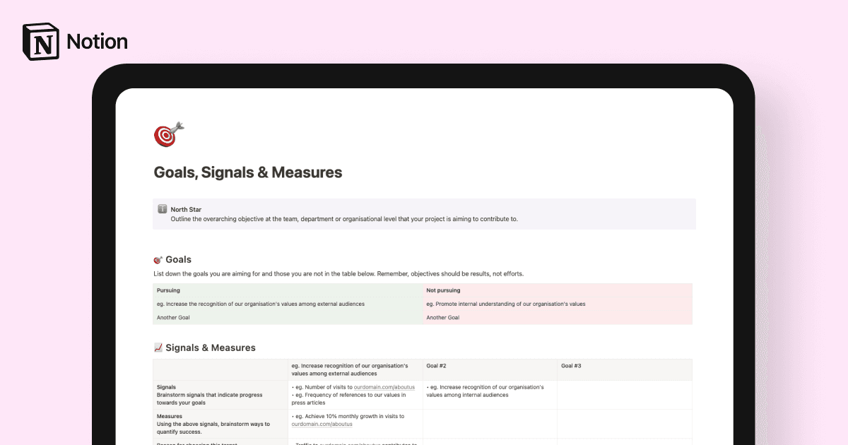 Goals, Signals & Measures – Notion Template for Startups & Product Managers