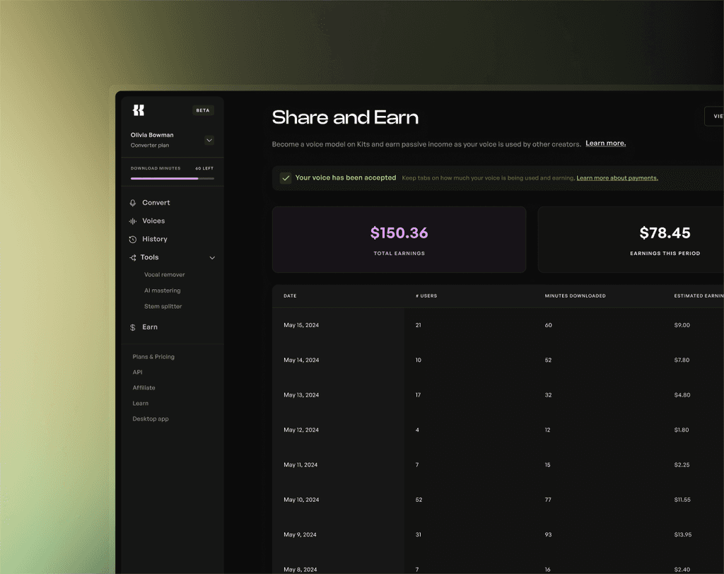 Kits Earn: Monetize Your Voice with AI