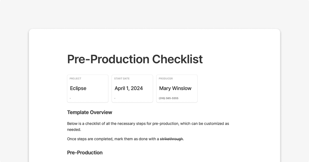 Pre-Production Checklist Template