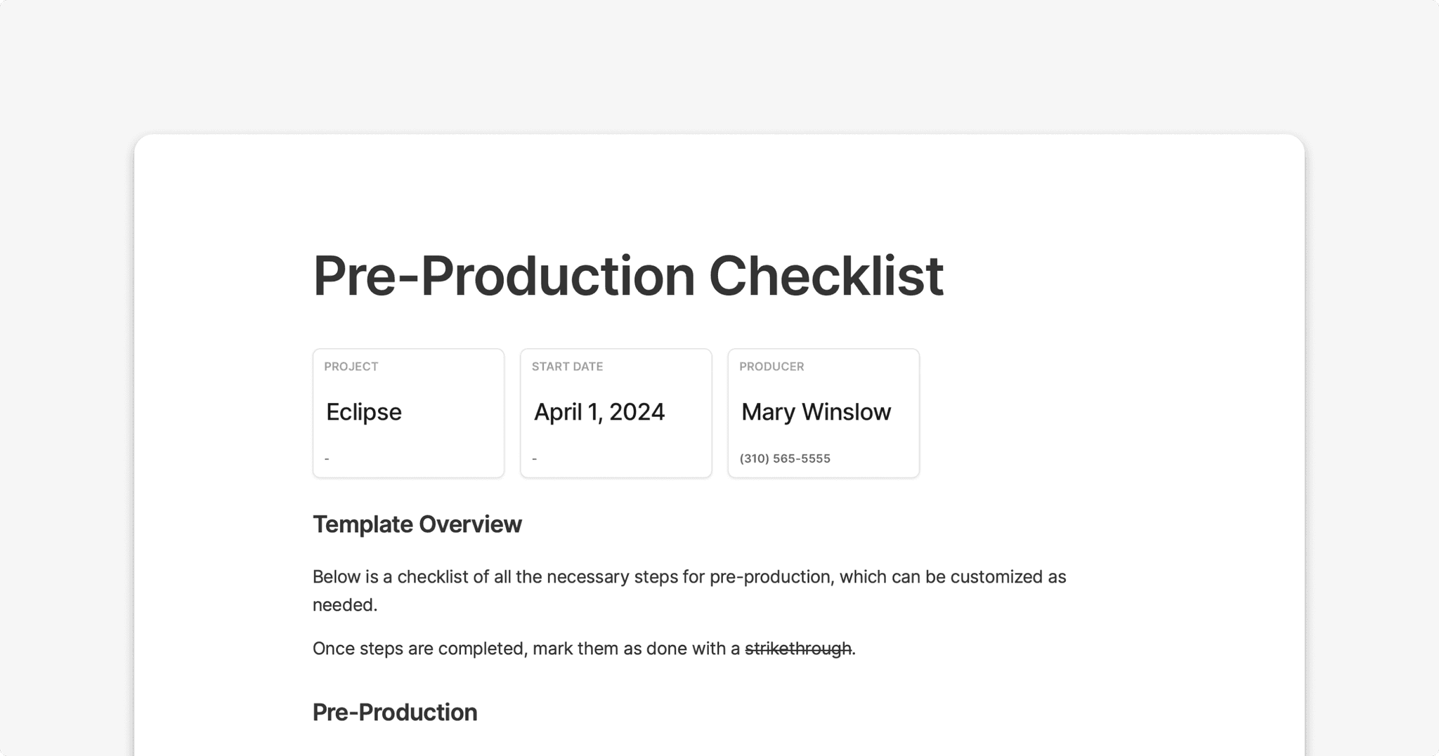 Pre-Production Checklist Template