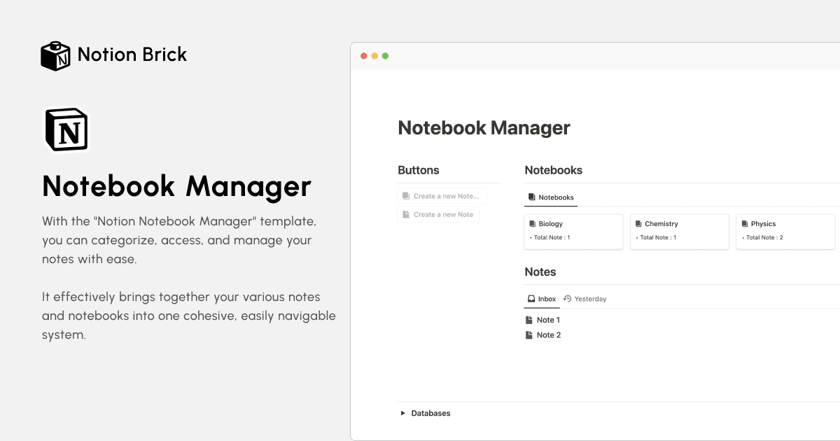 Free Notion Notebook Manager Template - Notion Brick