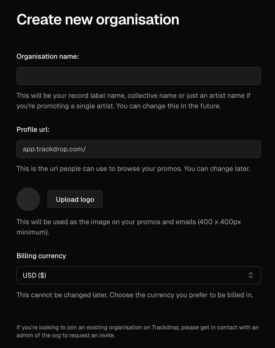 Creating an organisation - Trackdrop