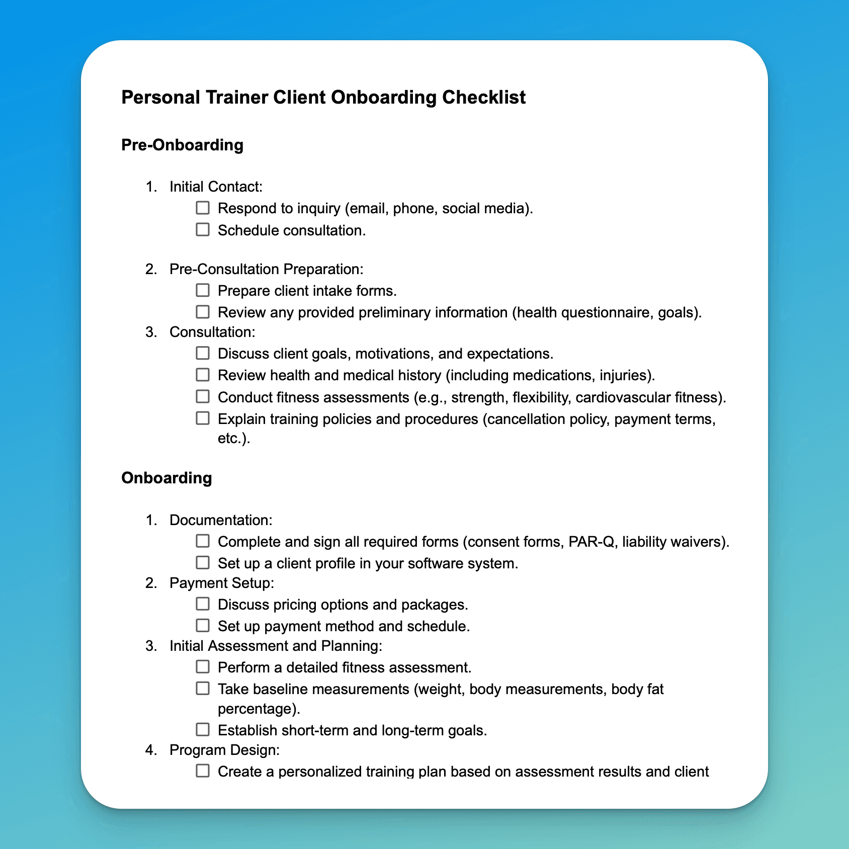 Personal trainer client checklist - BULK Content