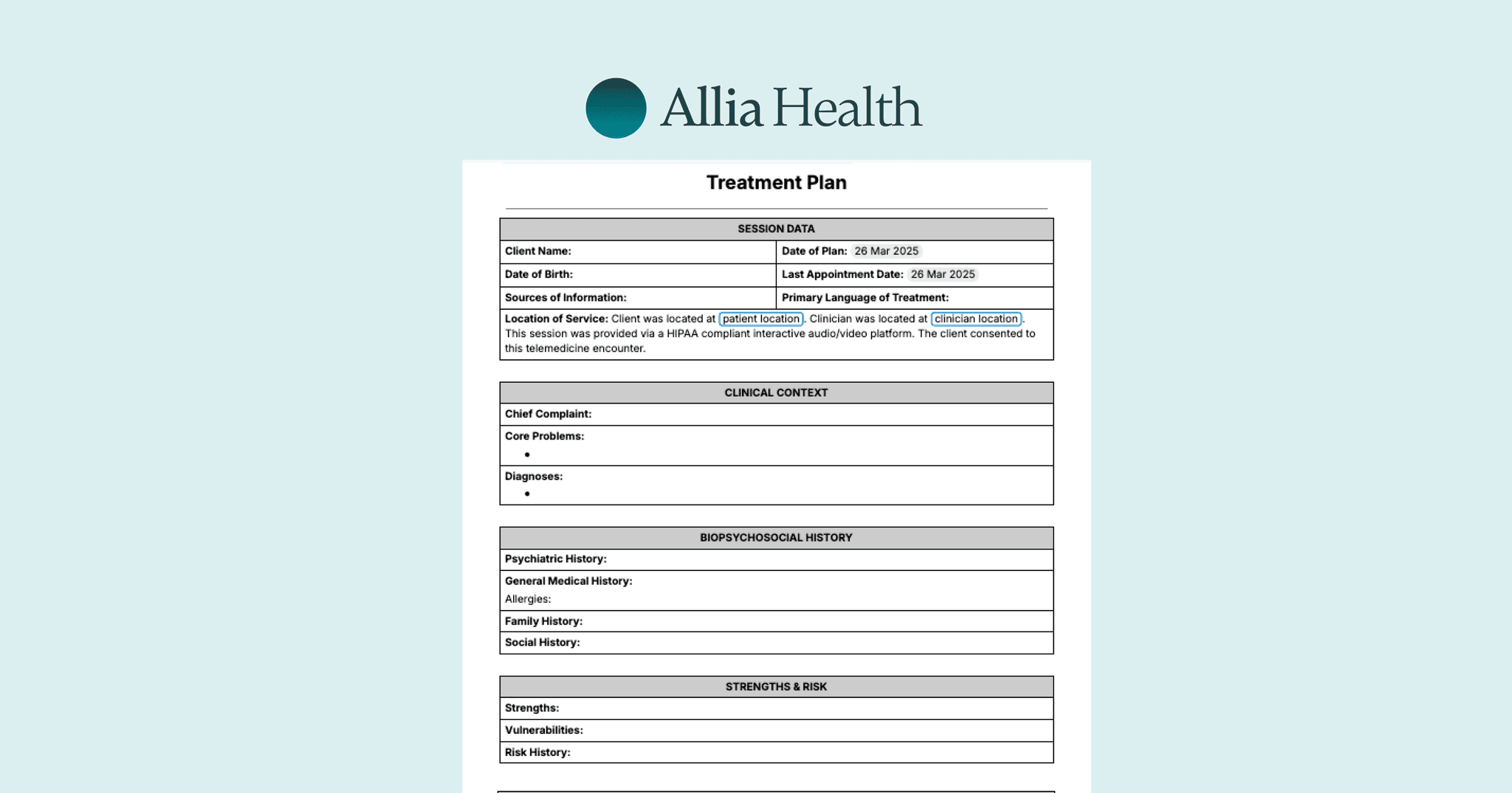 Mental Health Treatment Plan Template with Examples - Allia Health