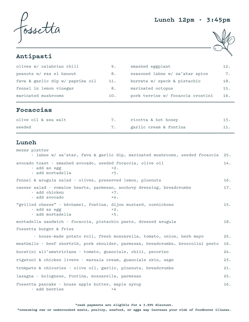 Fossetta NYC Menus