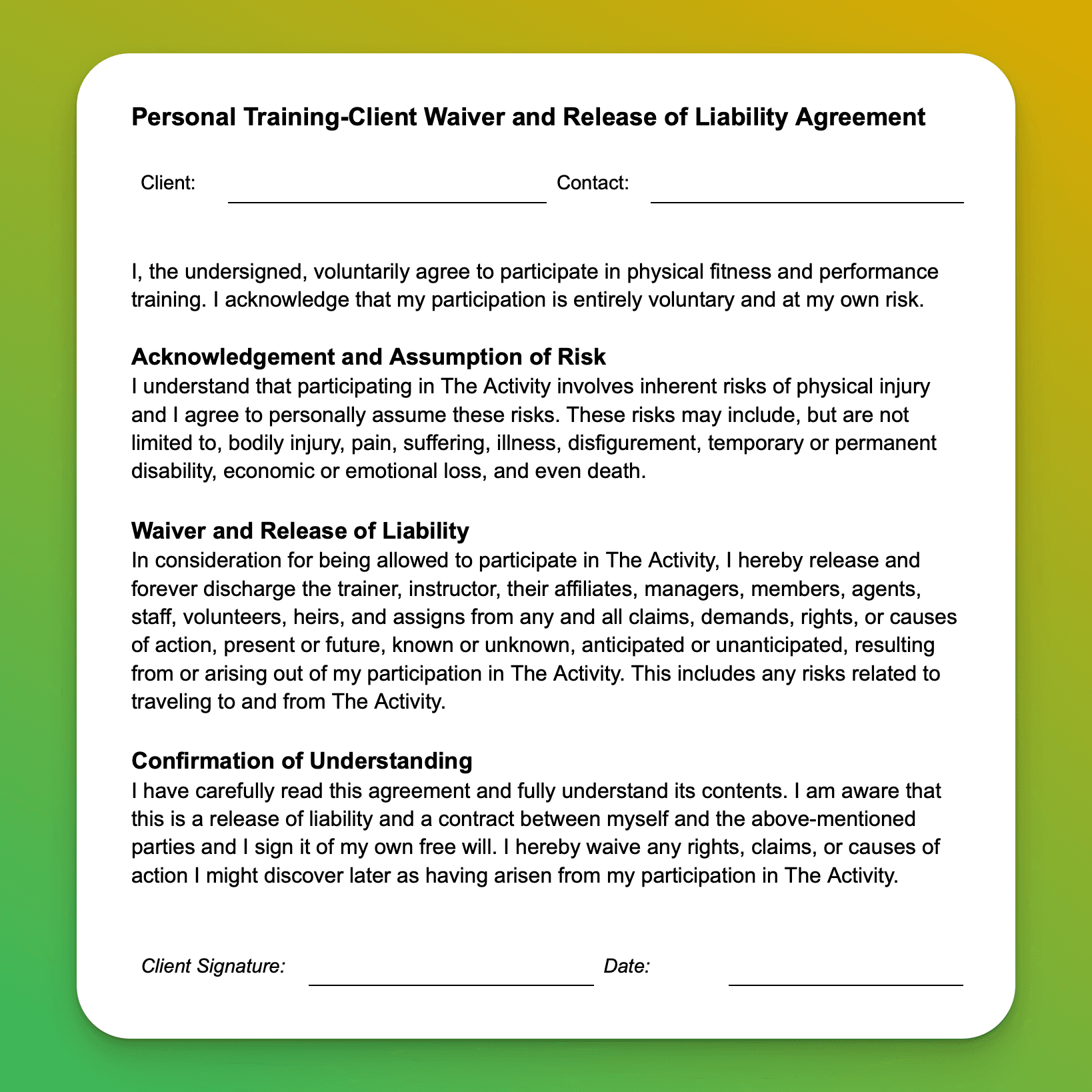 Personal trainer check-in form - BULK Content