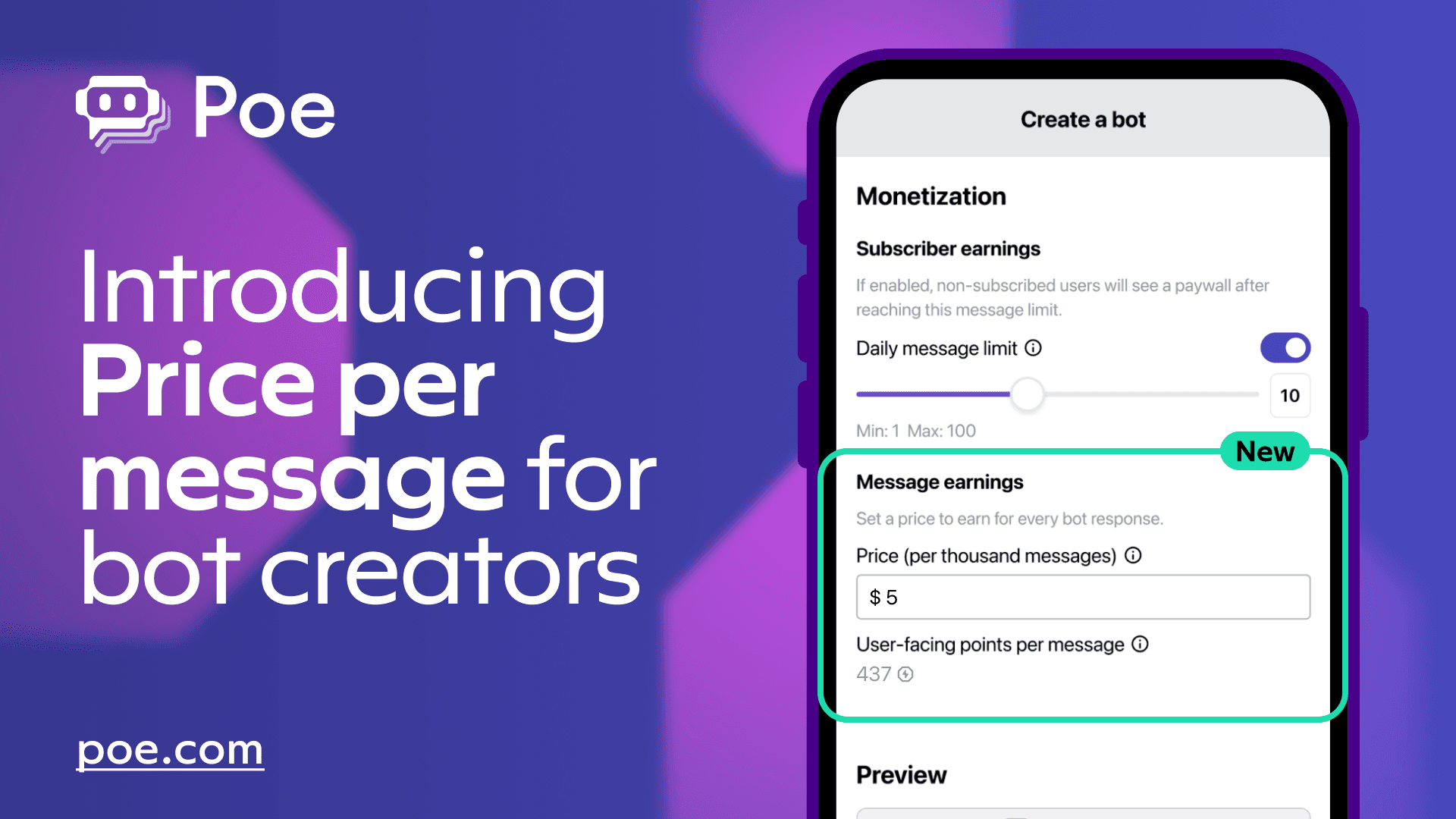 New on Poe: Creator monetization via price per message - Poe