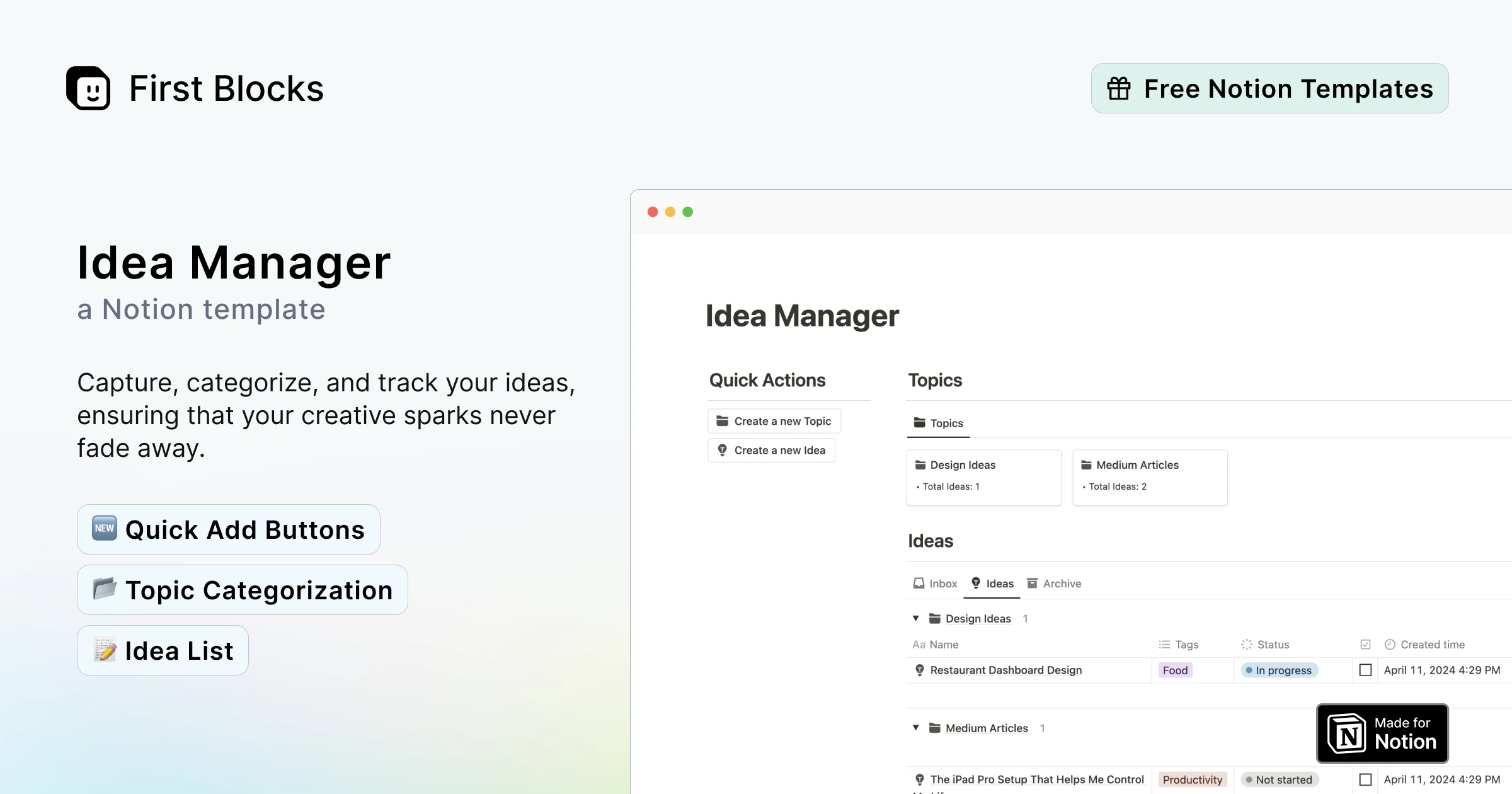 Free Idea Manager Notion Template - First Blocks