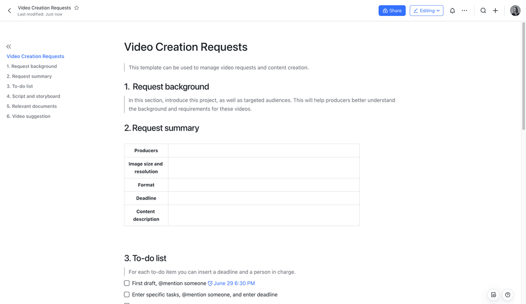 Video Creation Requests Template | Lark Templates