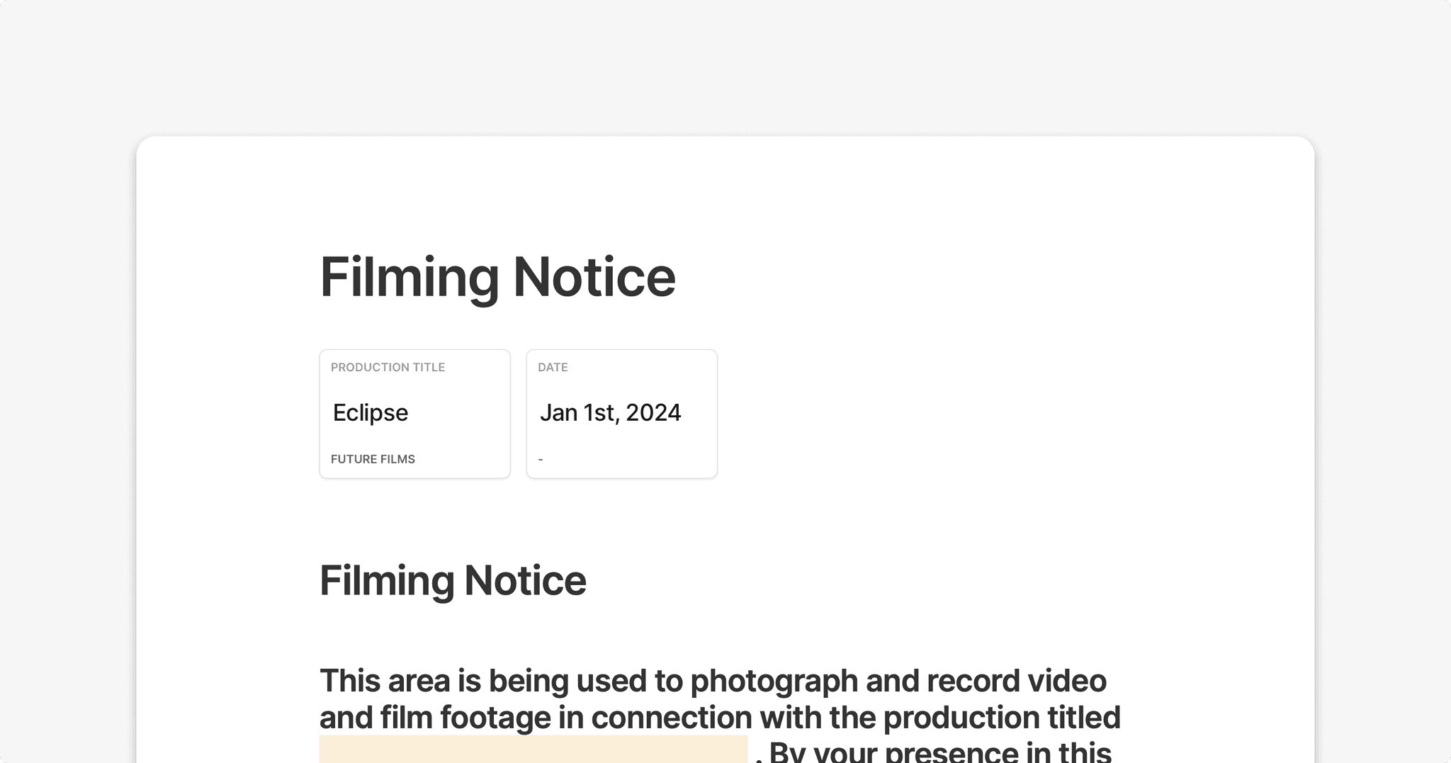 Filming Notice Template