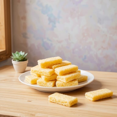 product photography of a plate of soft, rectangular snacks