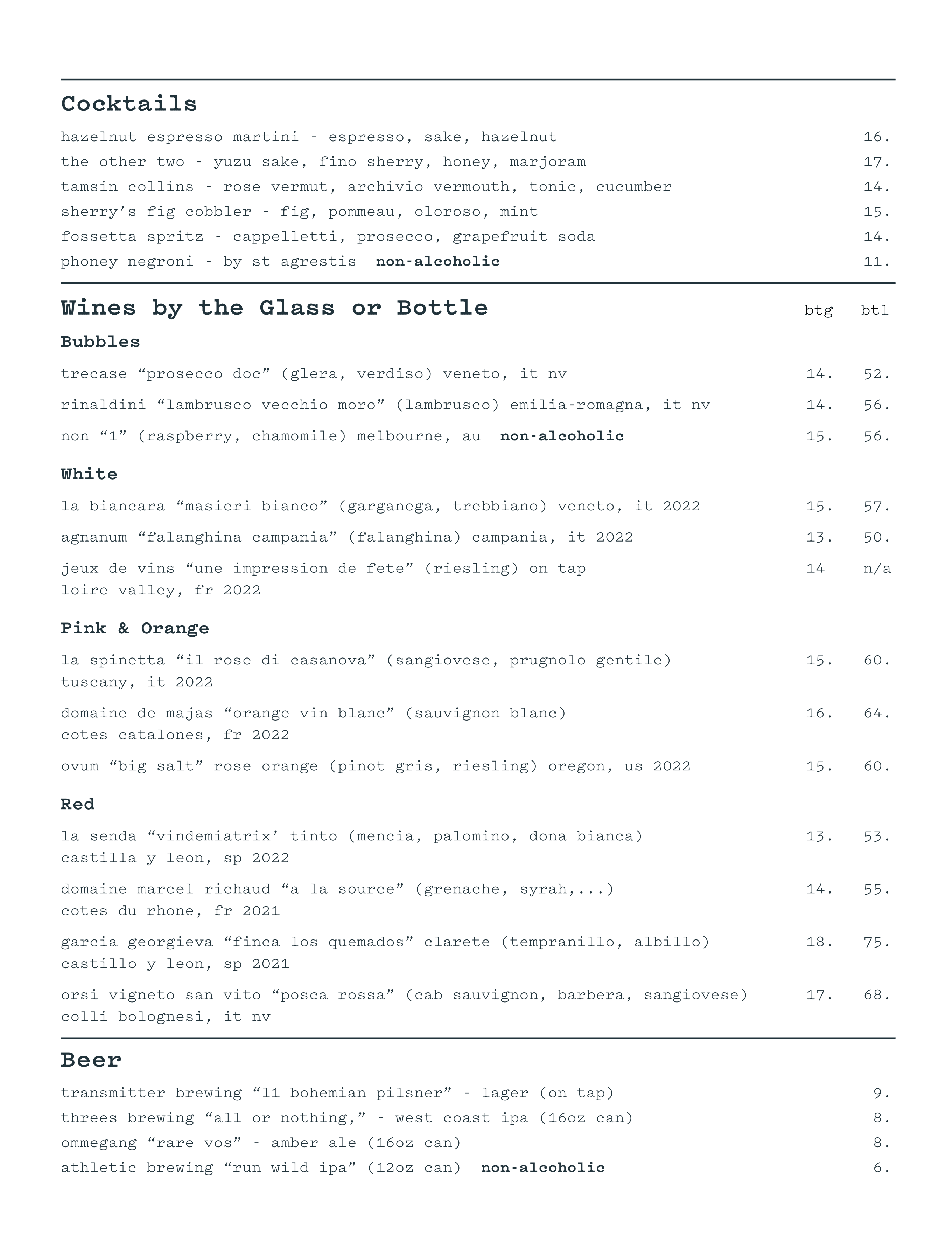 Fossetta NYC Menus