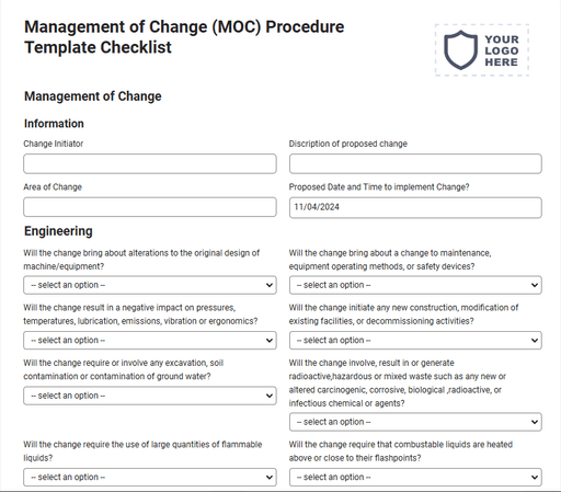 Management of Change MOC Procedure Template Checklist for Mobile, Tablet, Fillable PDF