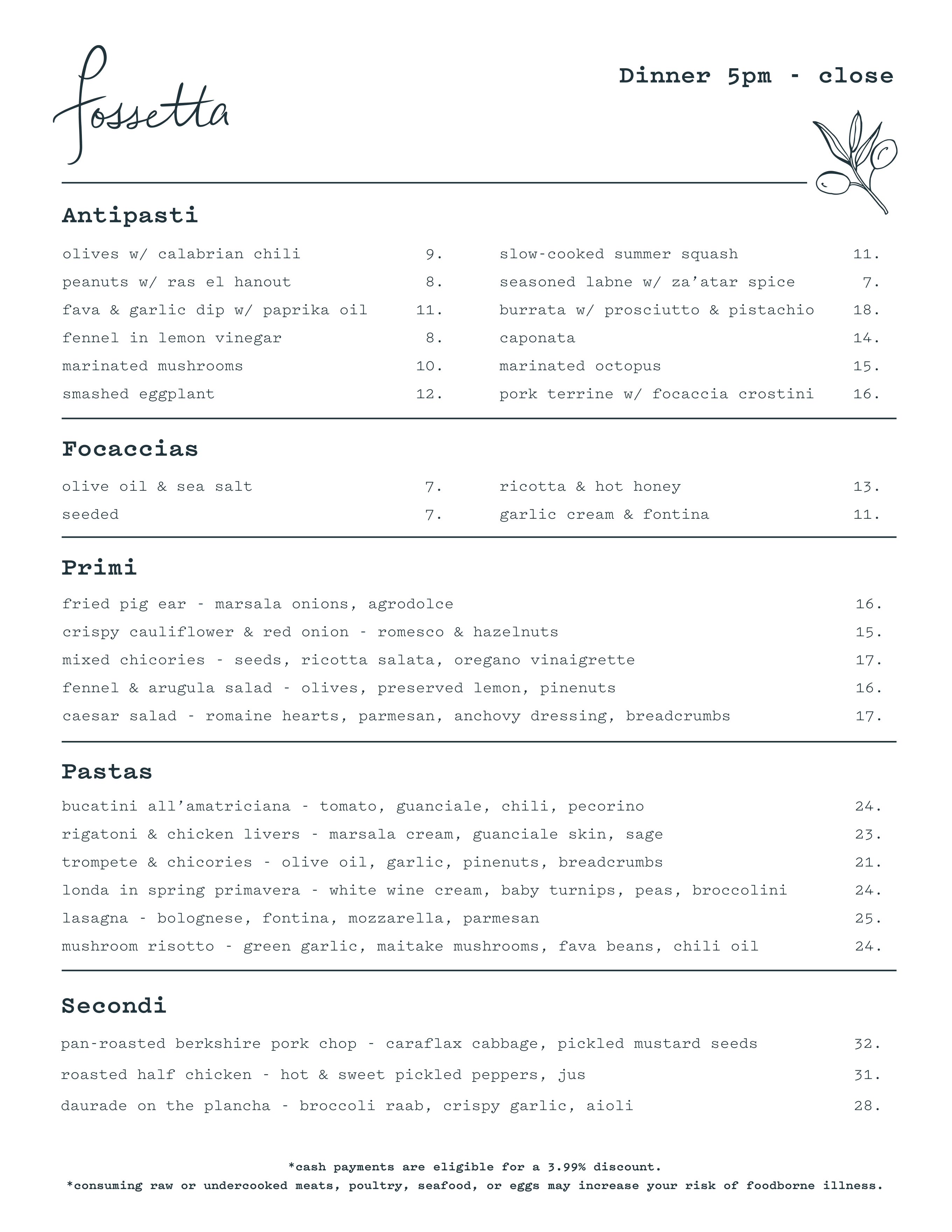 Fossetta NYC Menus