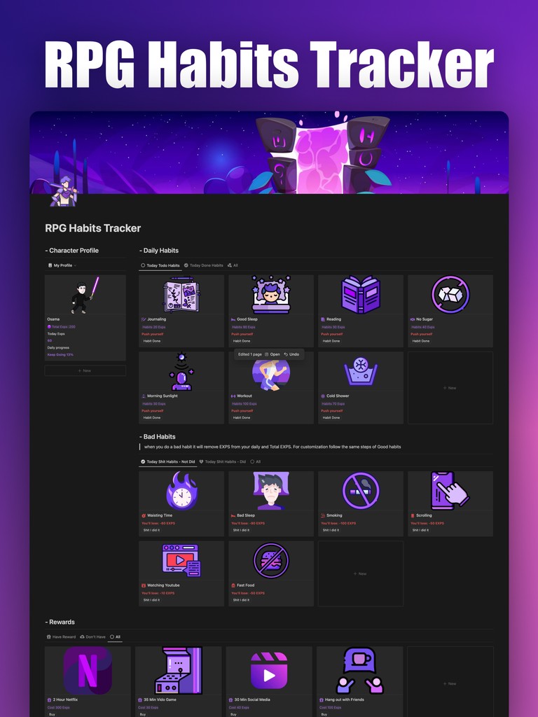 RPG Habits tracker Planner