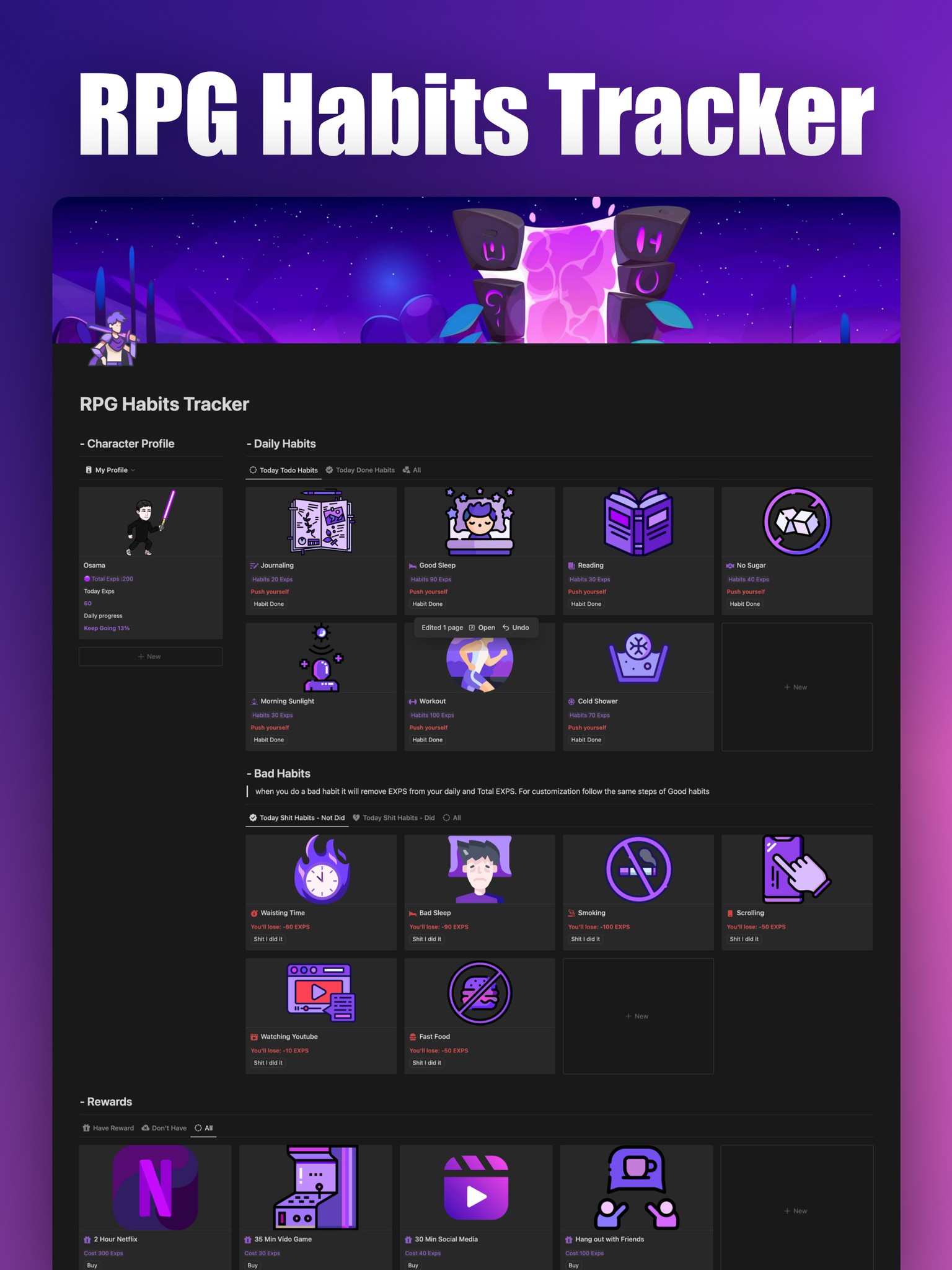 RPG Habits tracker Planner