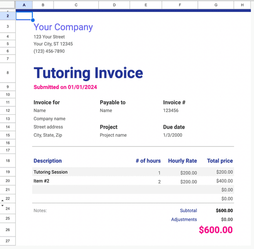 Free Invoice Template for Tutors and Tutoring Business