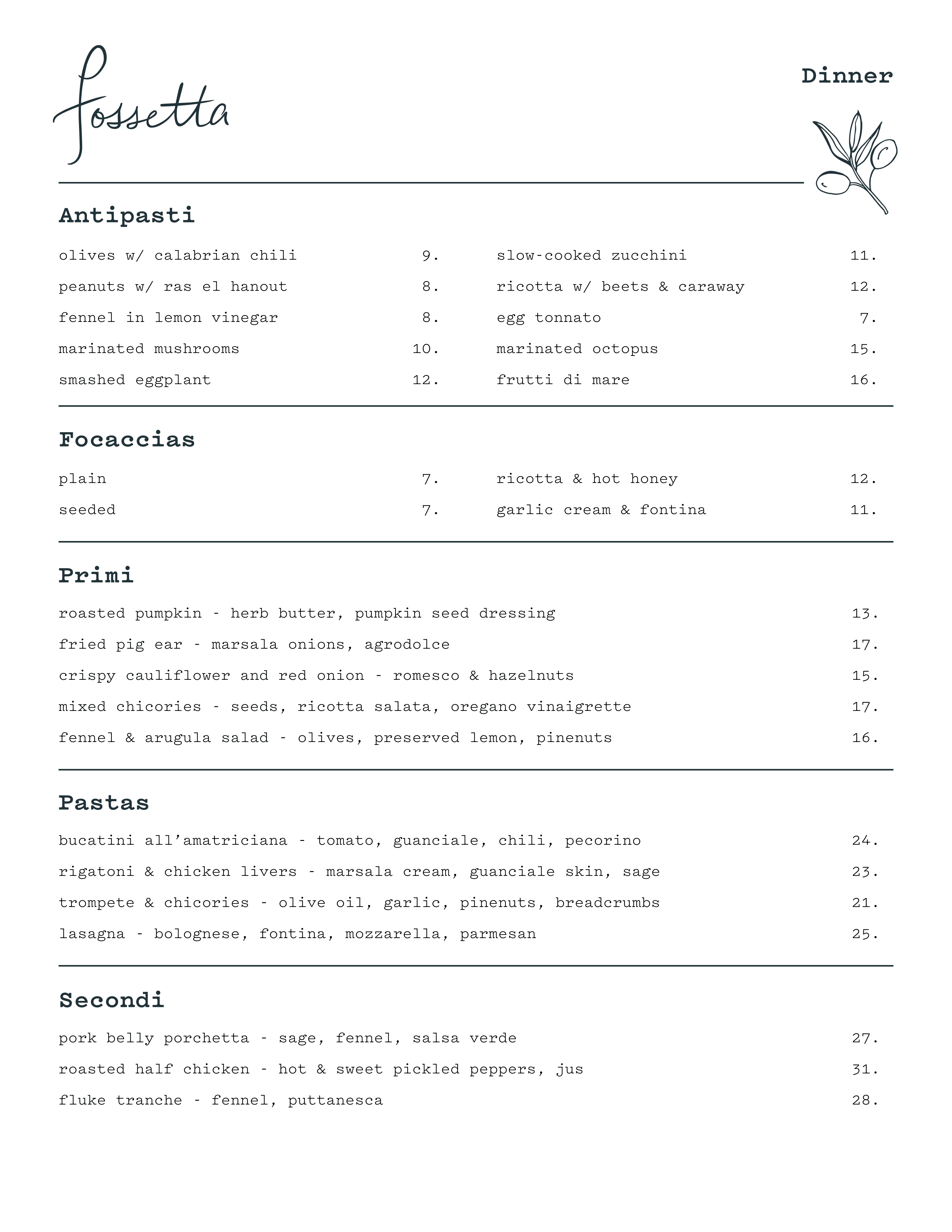 Fossetta NYC Menus
