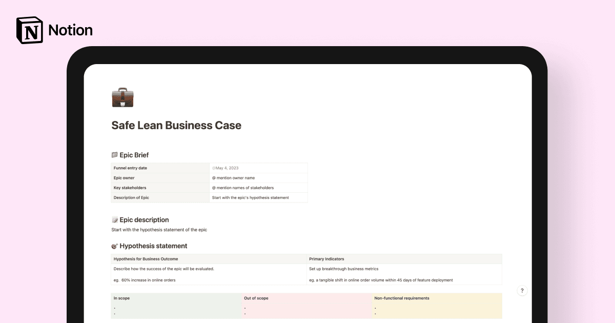 Safe Lean Business Case Template – Notion Template for Startups & Product Managers
