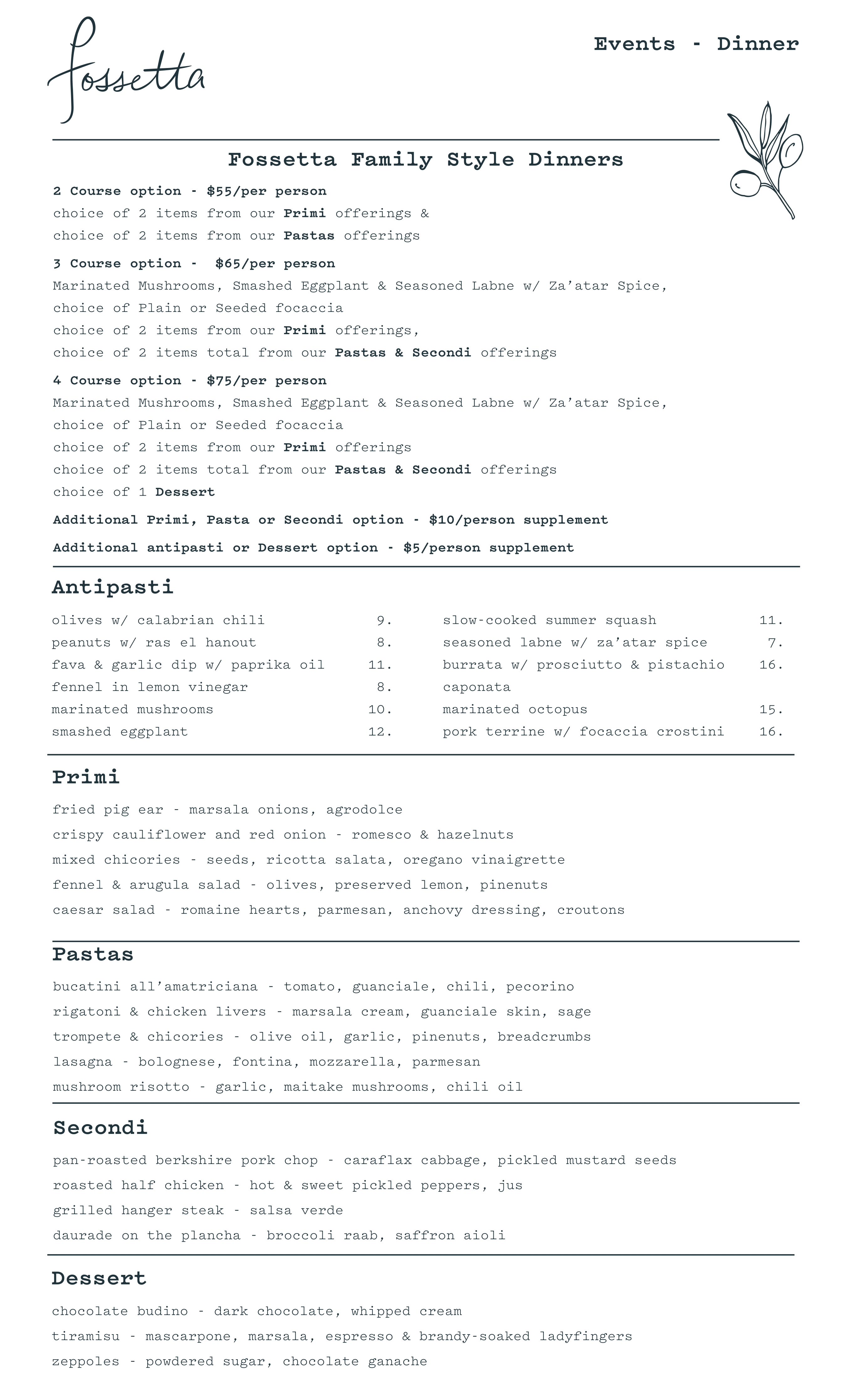 Fossetta NYC Menus