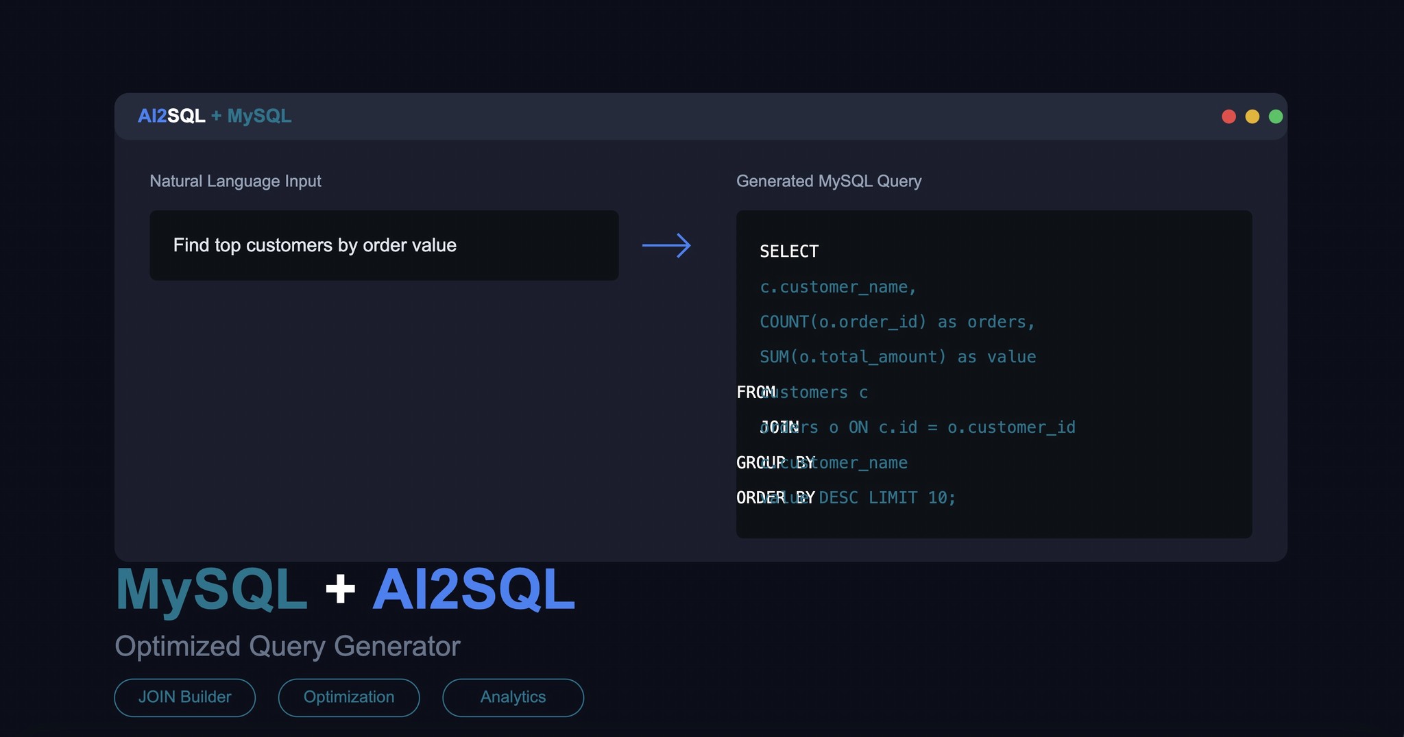 MySQL AI Query Generator: English to Optimized SQL | AI2sql