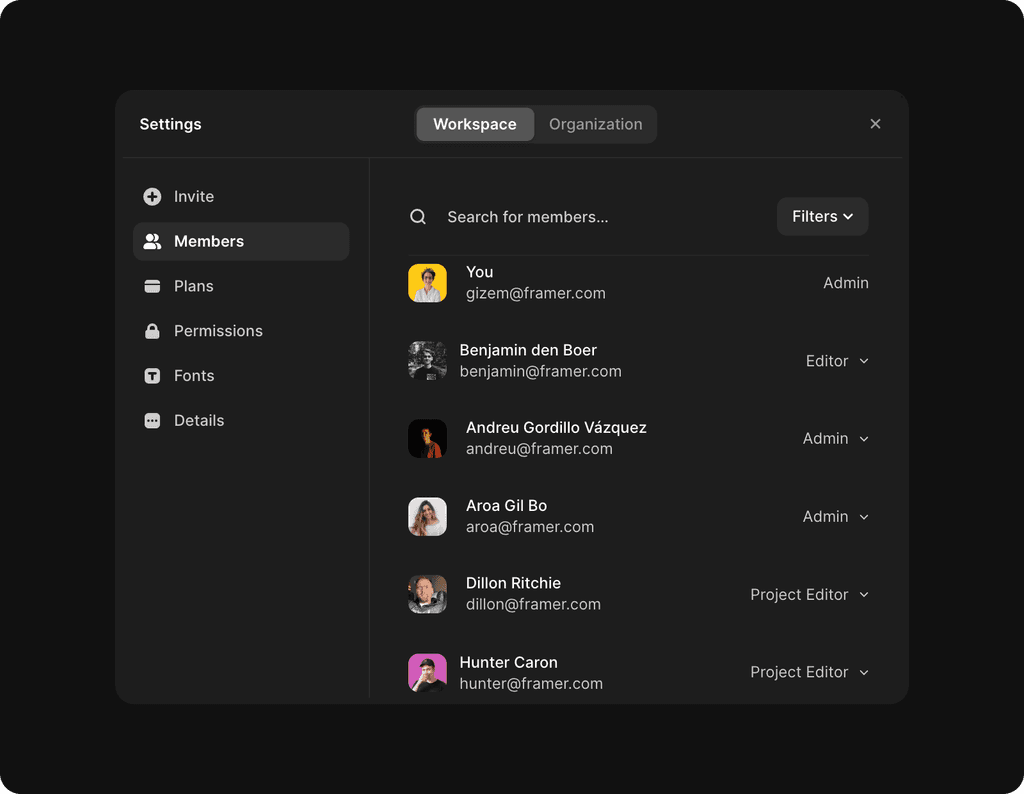 Organizations, workspaces, and folders — Framer Help