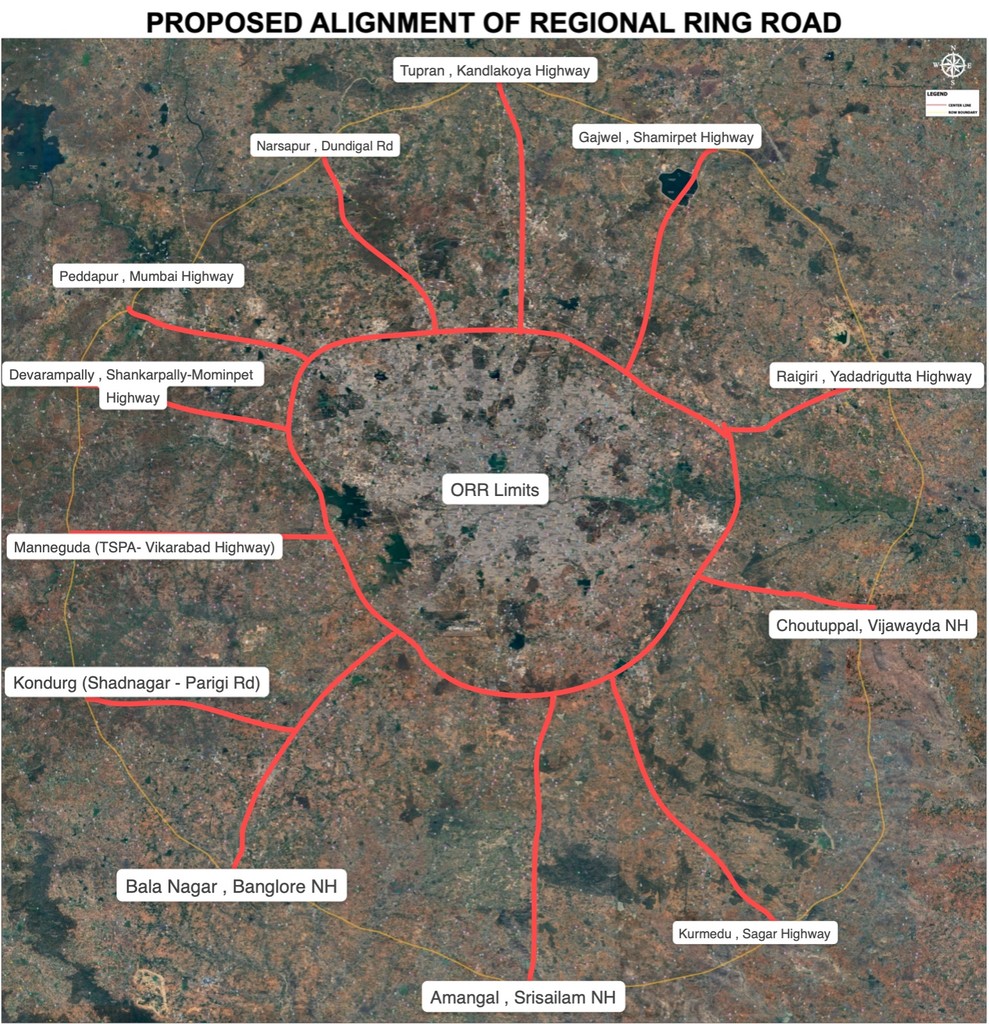Proposed Regional Ring Road Hyderabad Map 2025 – HMDA 100M Wide ...