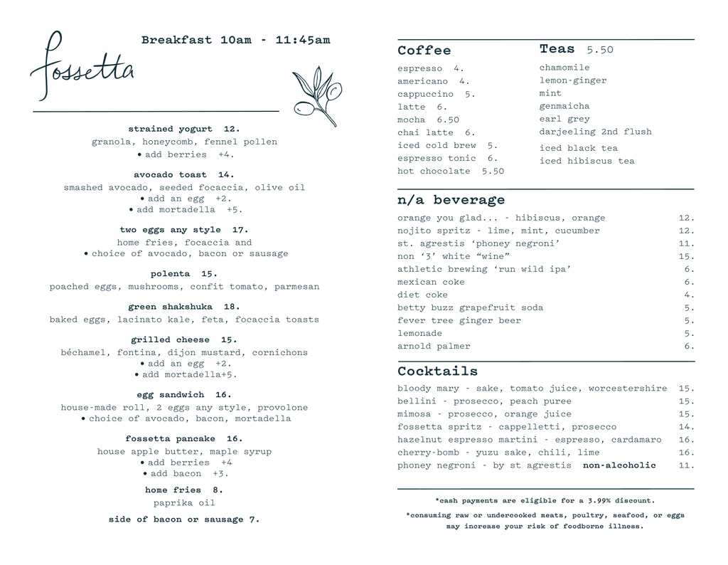 Fossetta NYC Menus