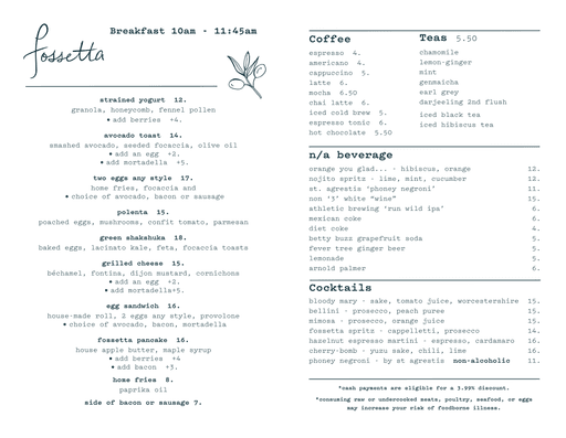 Fossetta NYC Menus