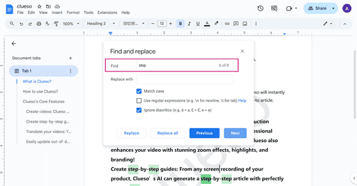 How to find words in Google Docs