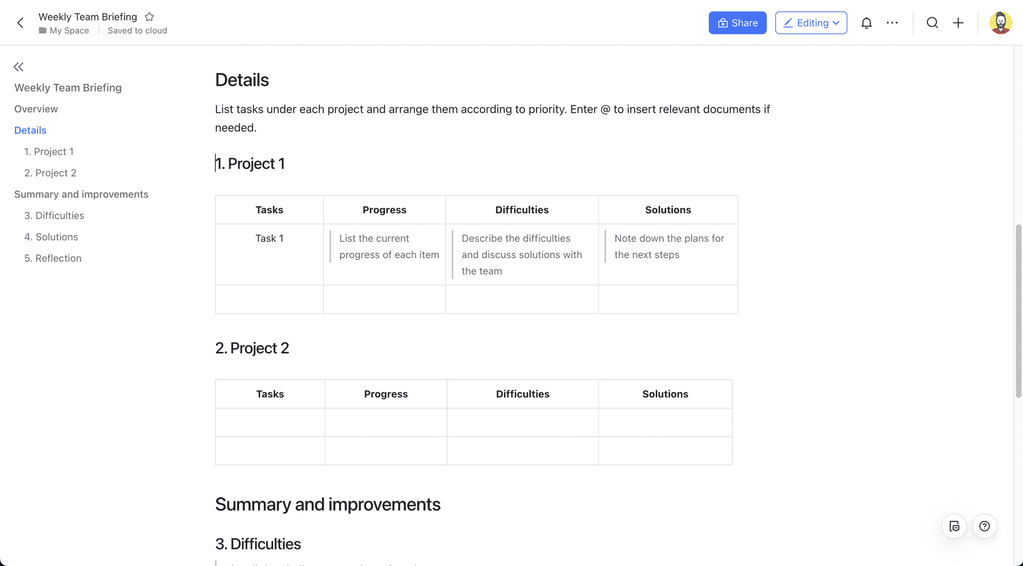 Weekly Team Briefing Template | Lark Templates